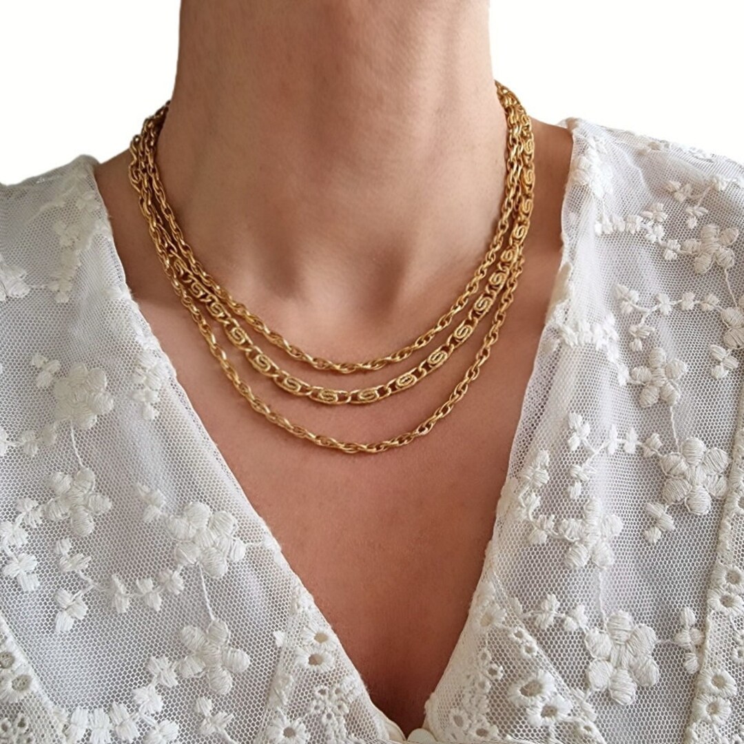 Vintage Multi Strand Gold Plated Chain Necklace Three, Layered Gold ...