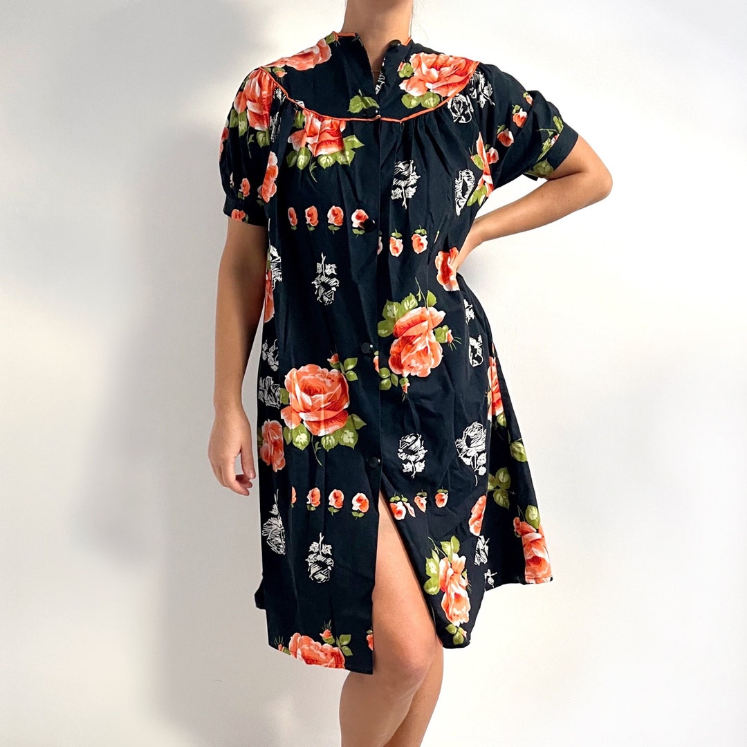 Vintage Black & Orange Rose House Coat | 70’s Dorothy Perkins Cotton ...