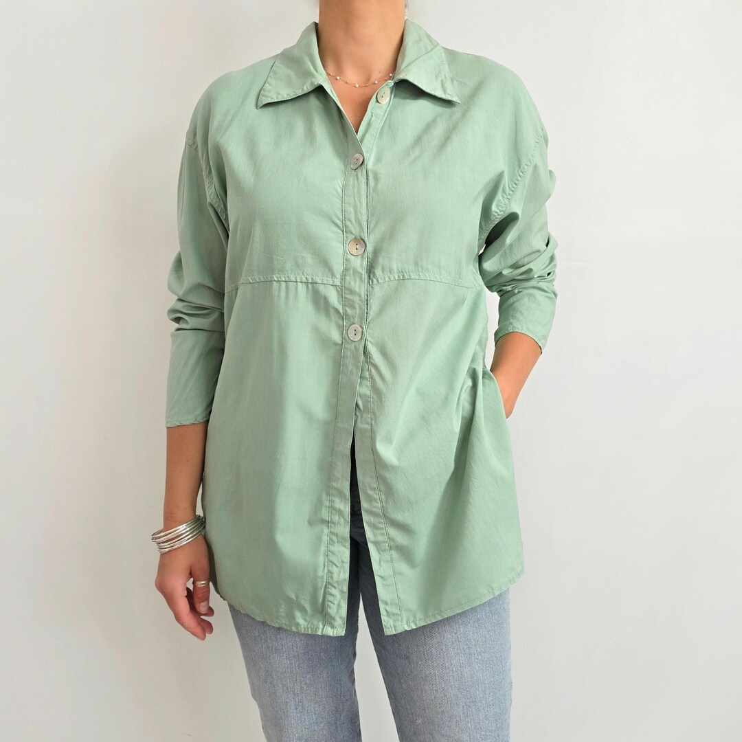 Vintage Mint Green Elongated Silk Shirt W Mother of Pearl Buttons ...