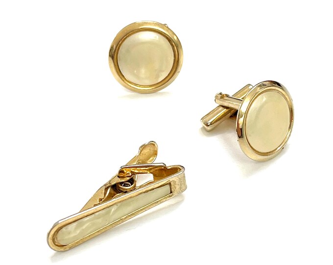 Vintage Pearl Gold Cufflinks & Tie Clip Set | Shiny Disc Cuff Links W ...
