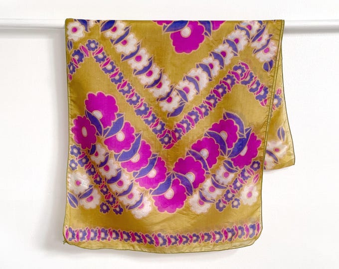 60s Vintage Bright Floral Print Scarf in Pink, Purple & Chartreuse ...