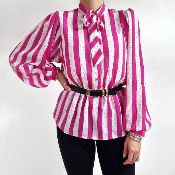 Vintage Fuchsia Pink And White Pussy Bow Blouse Long… Gem