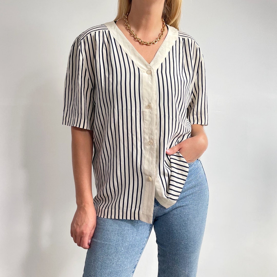 Vintage Navy & Cream Silk Top Simple Short Sleeve Silk - Etsy