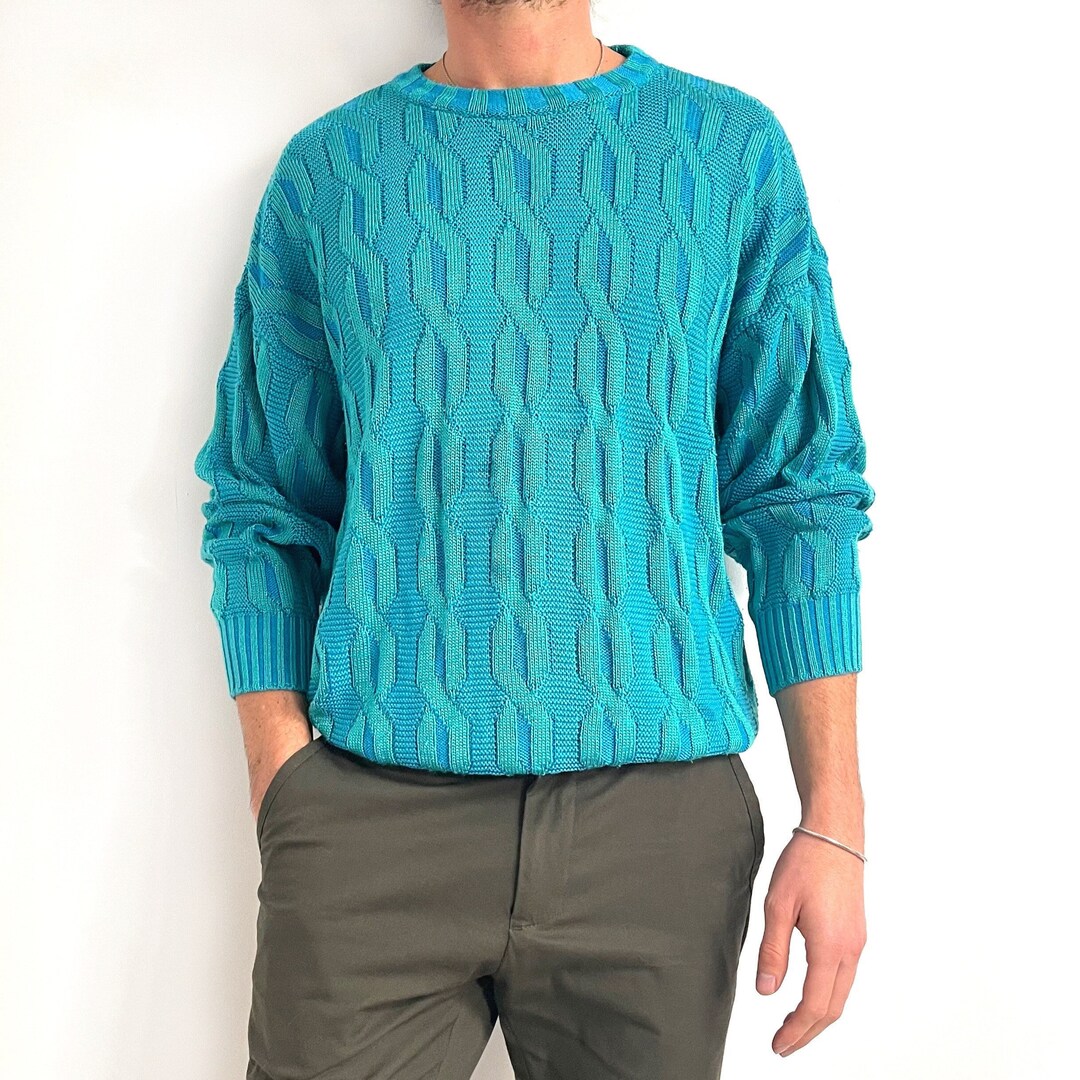 Vintage Mens Turquoise Blue Jumper // Bright Cable Knit Sweater by St ...