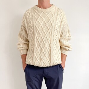 Vintage Men’s Natural Cream Wool Jumper | Cable Aran Knit Pure Wool ...