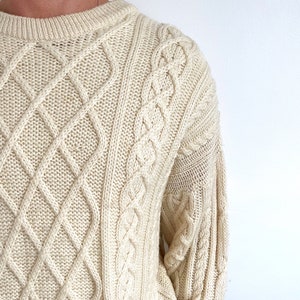 Vintage Men’s Natural Cream Wool Jumper | Cable Aran Knit Pure Wool ...