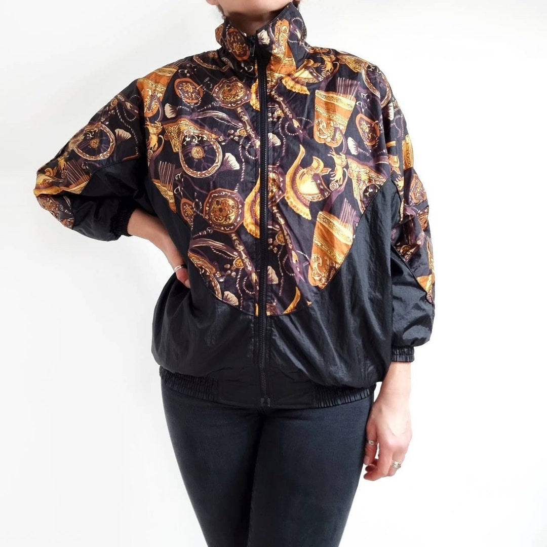 80's Vintage Black & Gold Motif Print Shell Suit Jacket | Tracksuit Top ...