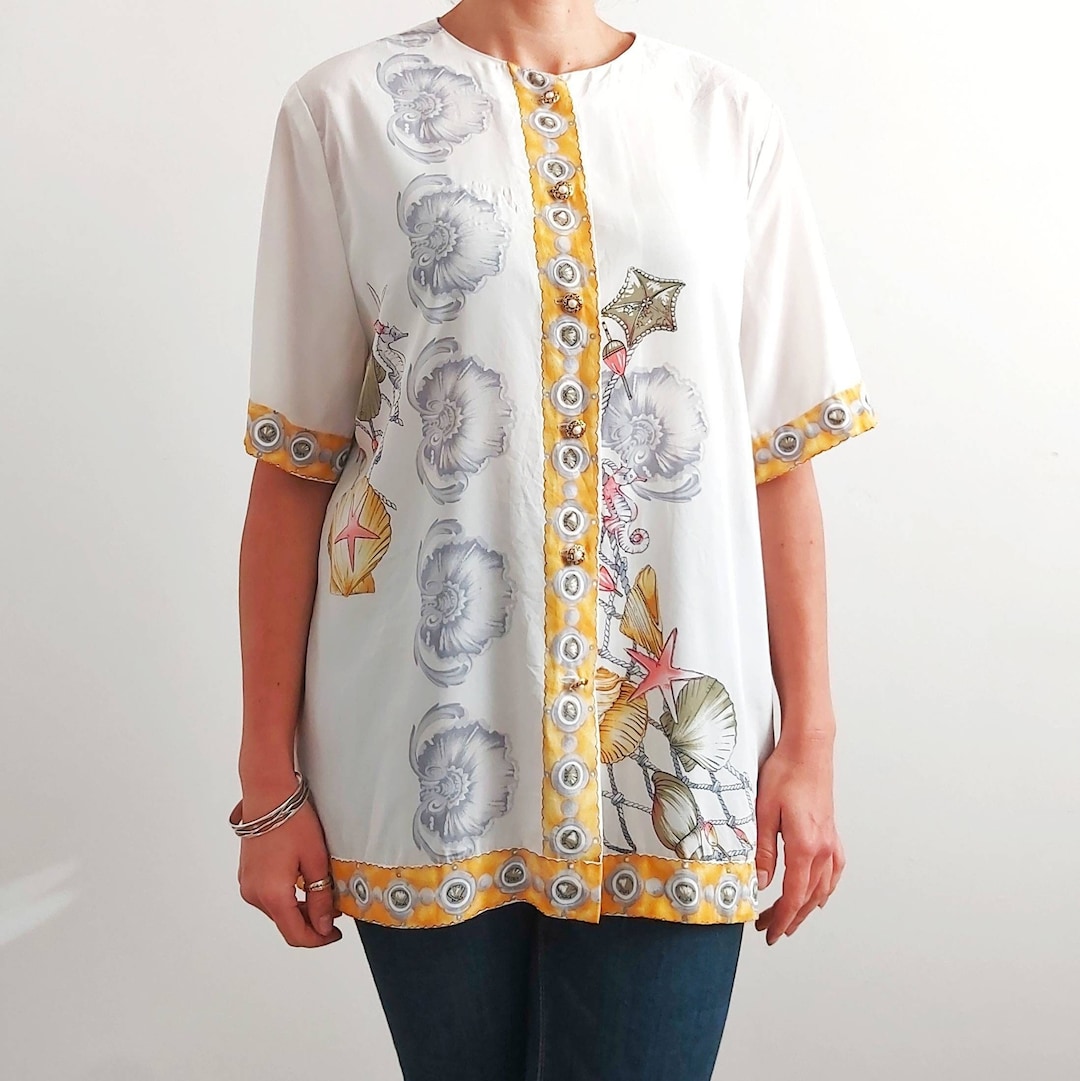 Vintage Seashell Print Blouse // Short Sleeve Summer Top // Medium ...