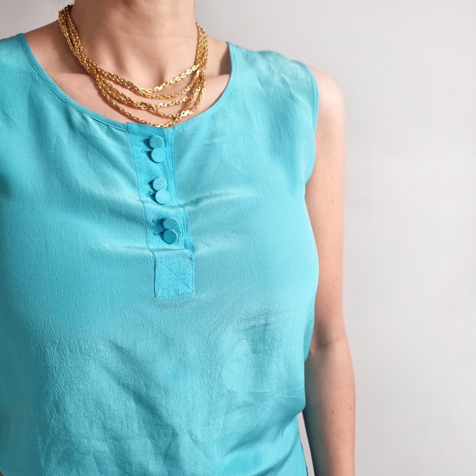 Vintage Bright Blue Silk Vest Blouse | Sleeveless Summer Top W Button ...