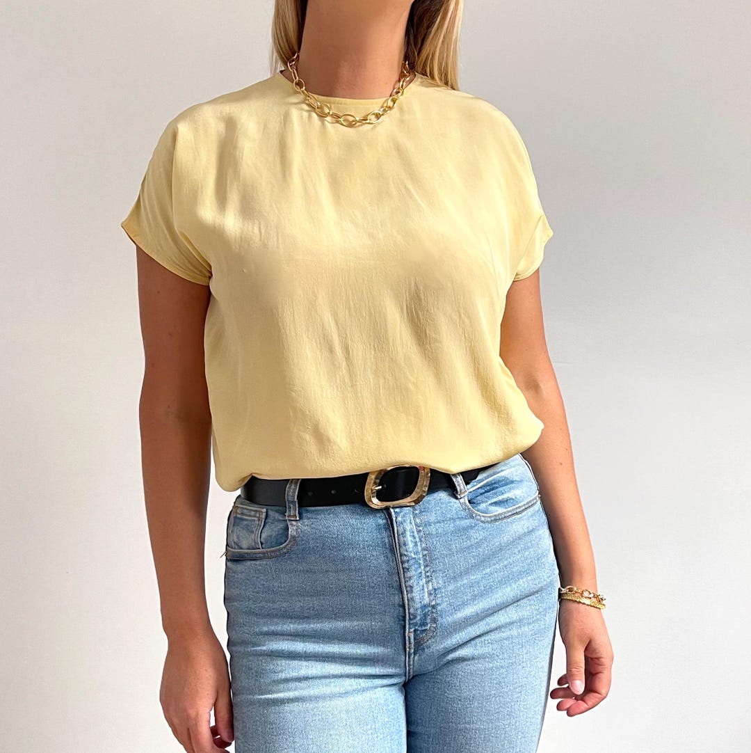Vintage Pastel Yellow Minimalist Silk Top | Simple Short Sleeve Ladies ...