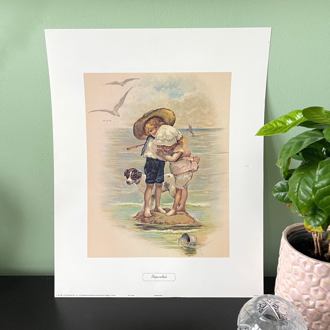 90’s Vintage ‘SHIPWRECKED’ Lithograph Print | Boy & Girl at Sea ...