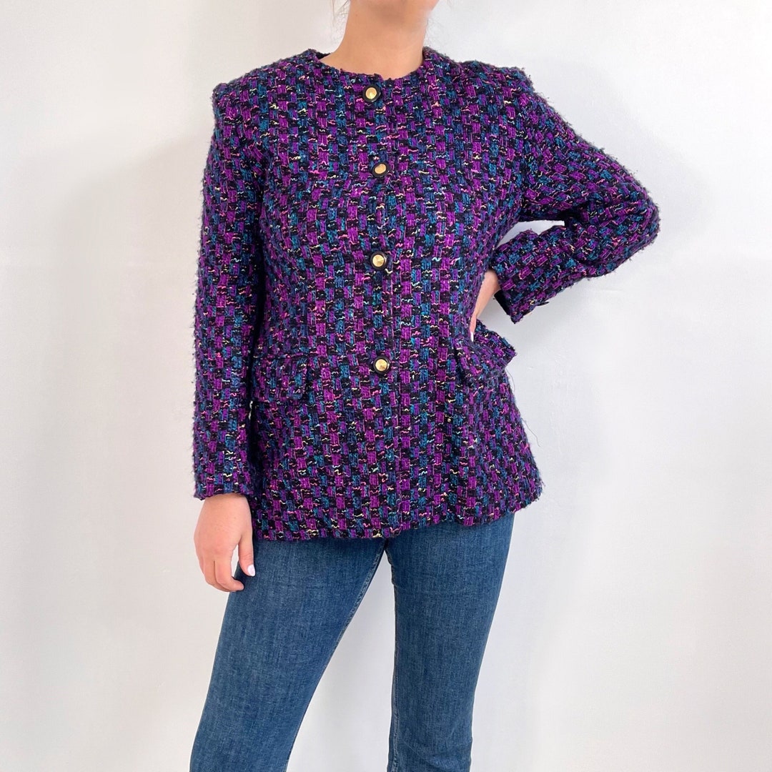 Vintage Bright Woven Check Ladies Blazer | 80’s Bright Purple & Black ...