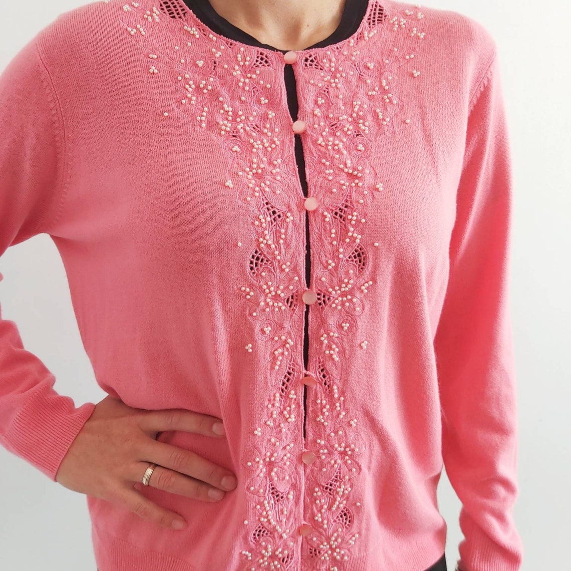 90's Vintage Embellished Cardigan in Pink // Button up - Etsy
