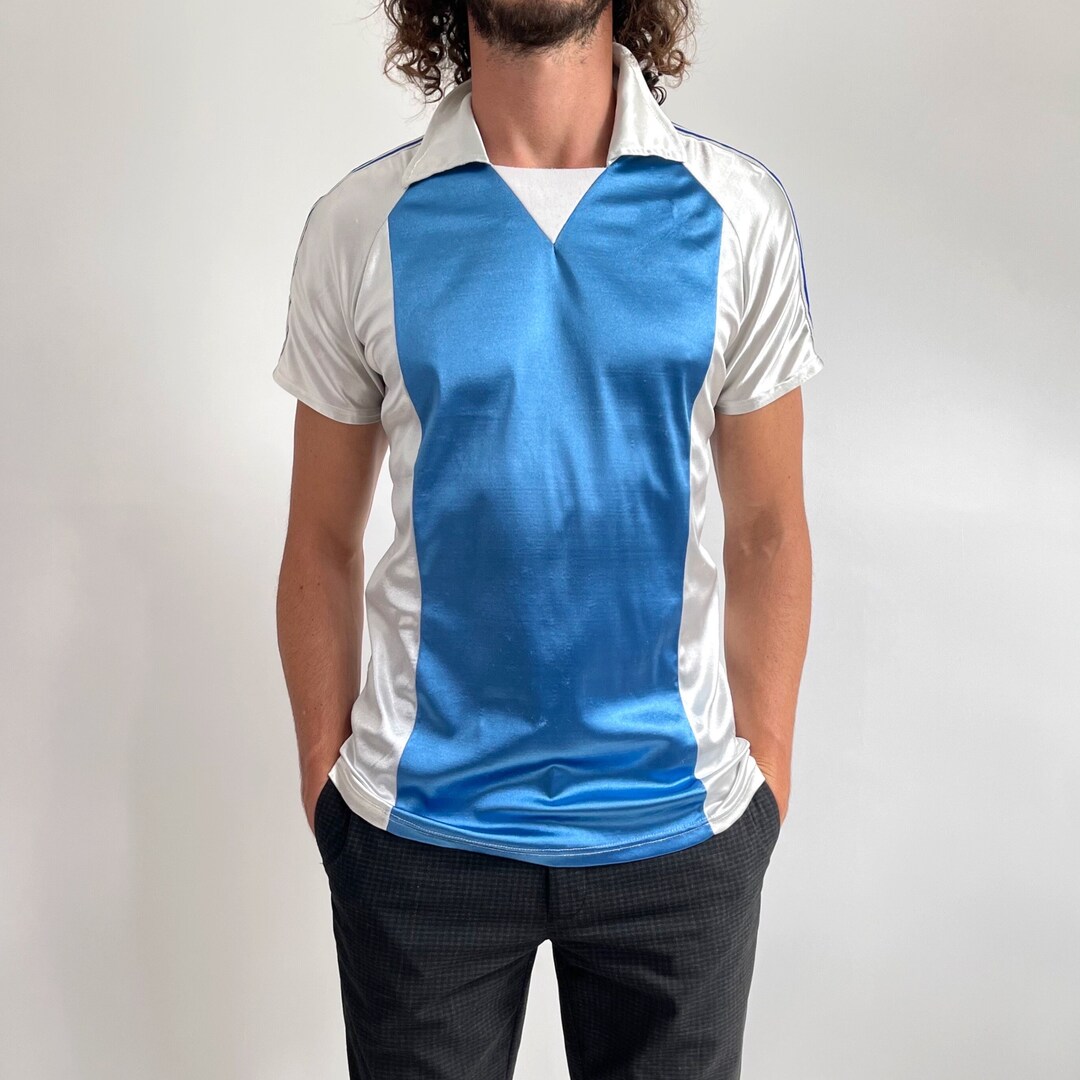 80's Vintage Shiny Sports Jersey Top | Shiny Blue & Silver T-shirt W ...