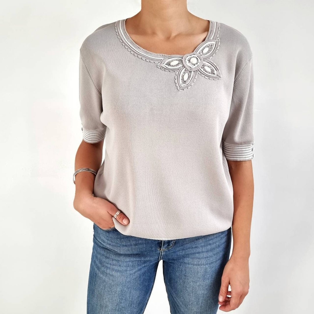80's Vintage Embellished Grey & White Blouse // Short Sleeve Beaded ...