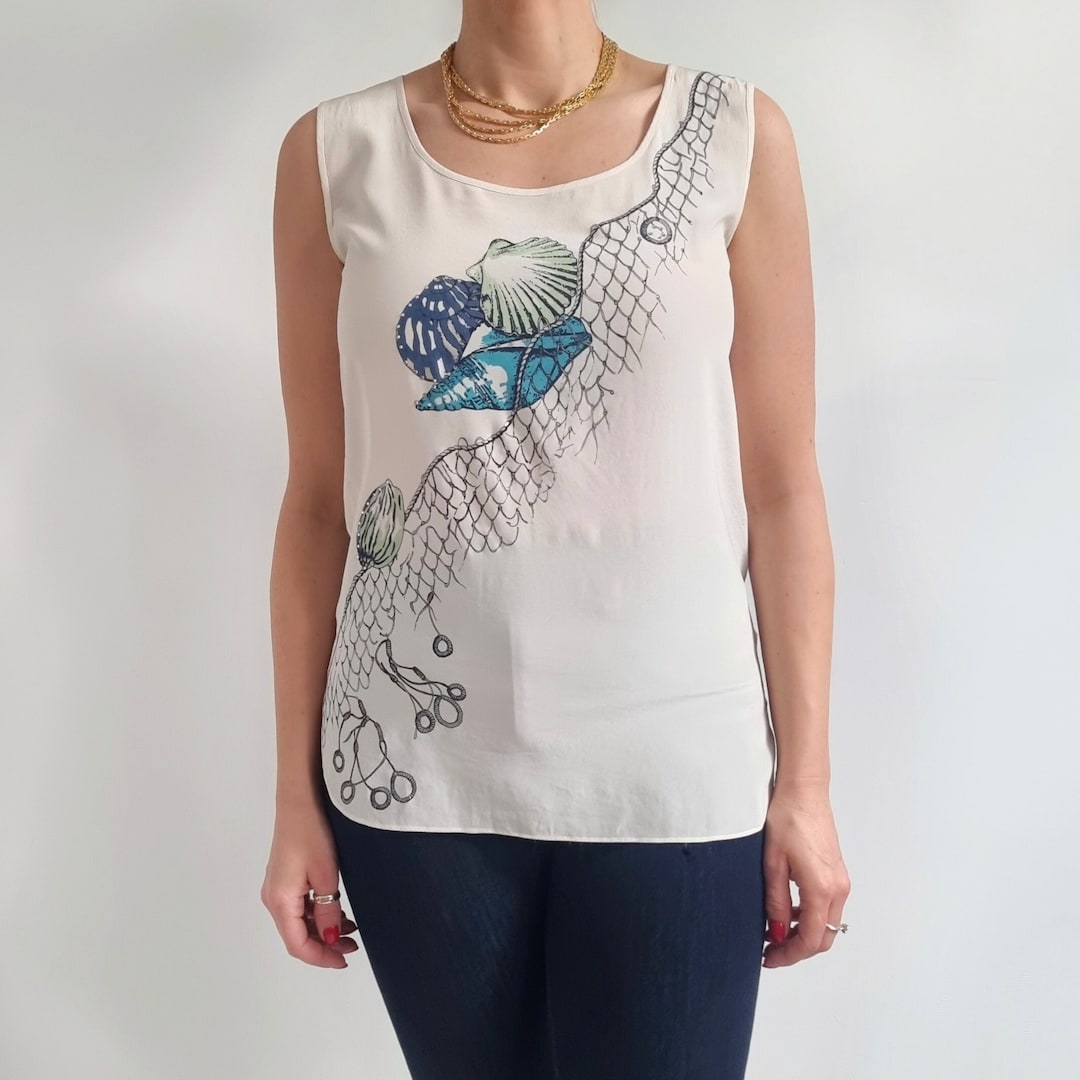 Vintage Seashell Print White Silk Vest Blouse | Sleeveless Summer Top ...