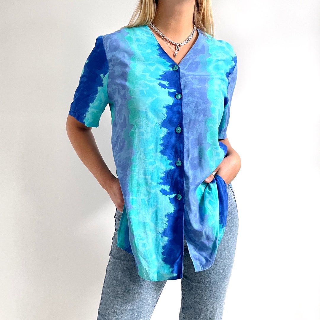 Vintage Aqua Blue Stripe Blouse | 80’s Turquoise Water Print Short ...