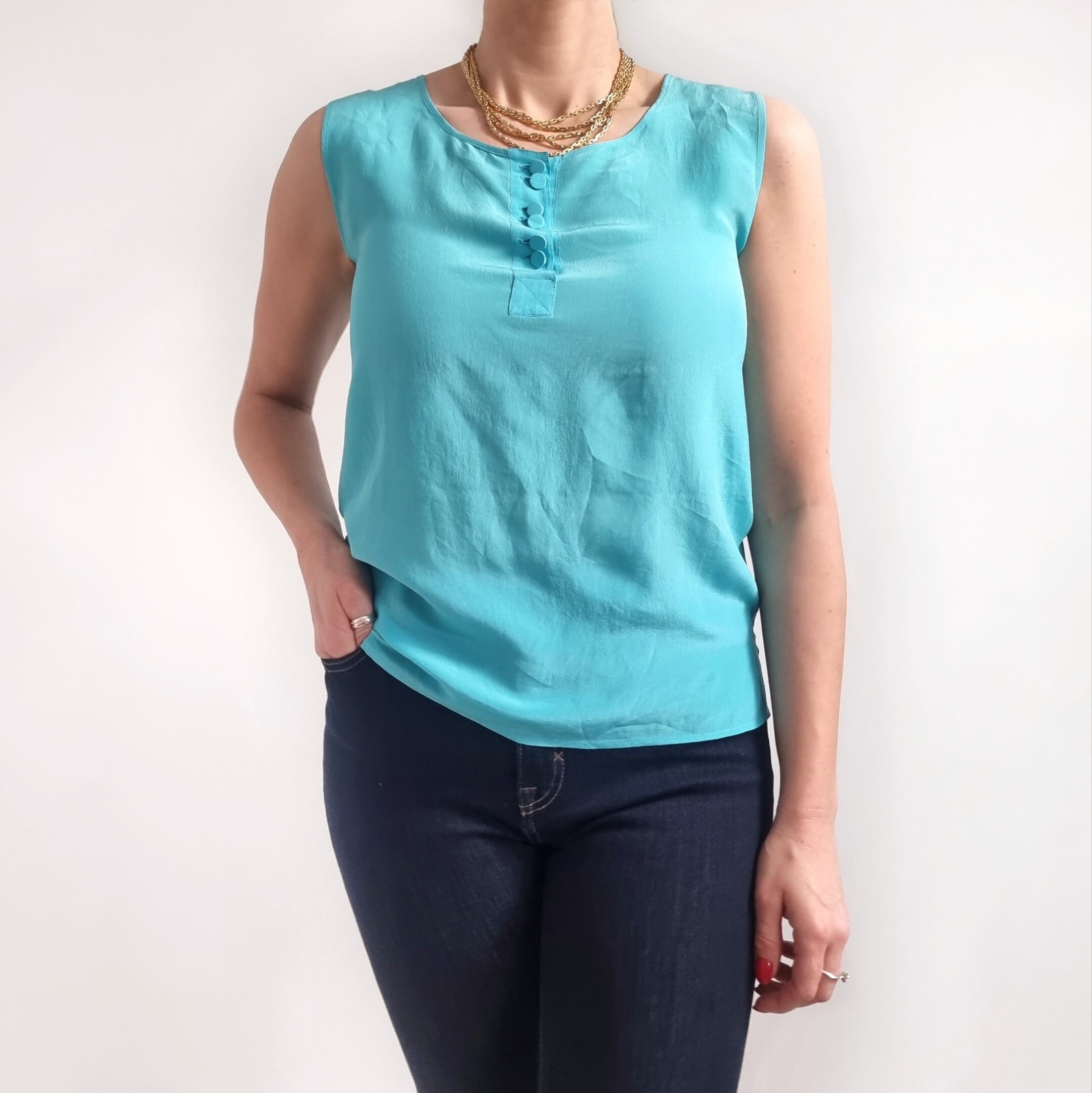 Vintage Bright Blue Silk Vest Blouse | Sleeveless Summer Top W Button ...