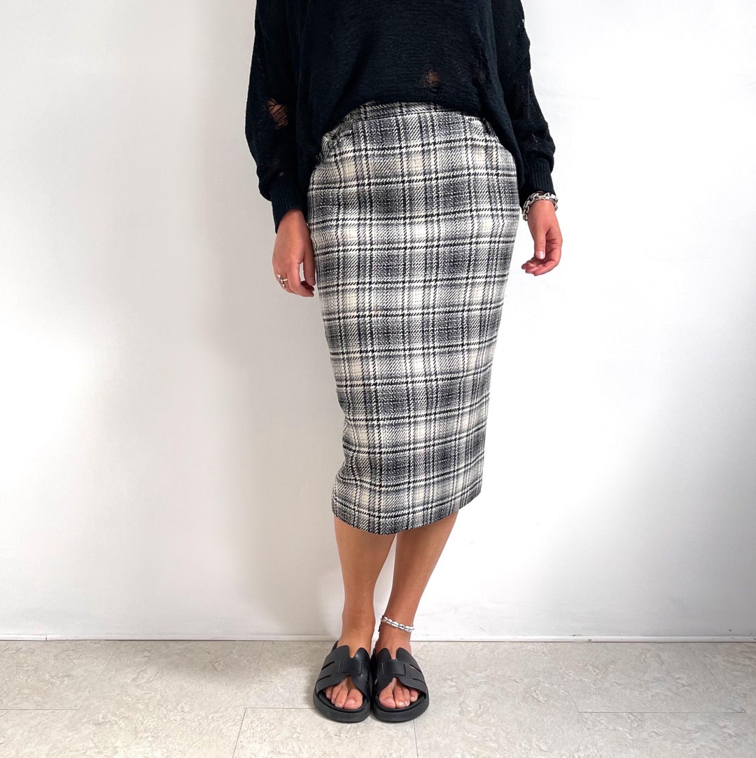 Vintage Black, Grey & White Check Midi Skirt W Pockets | Smart Plaid ...