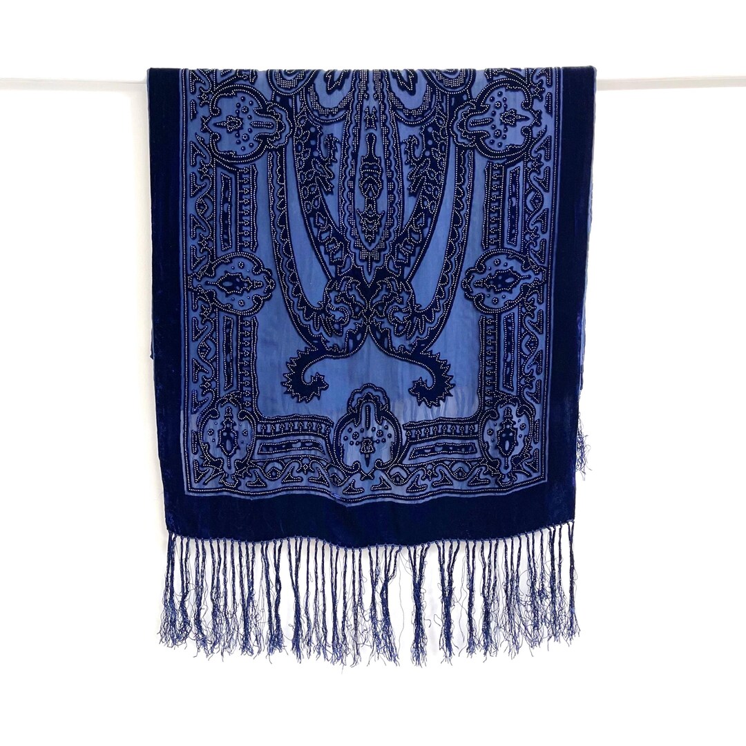 Vintage Long Devoré Silk Velvet Scarf in Navy Blue | Burnout Evening ...