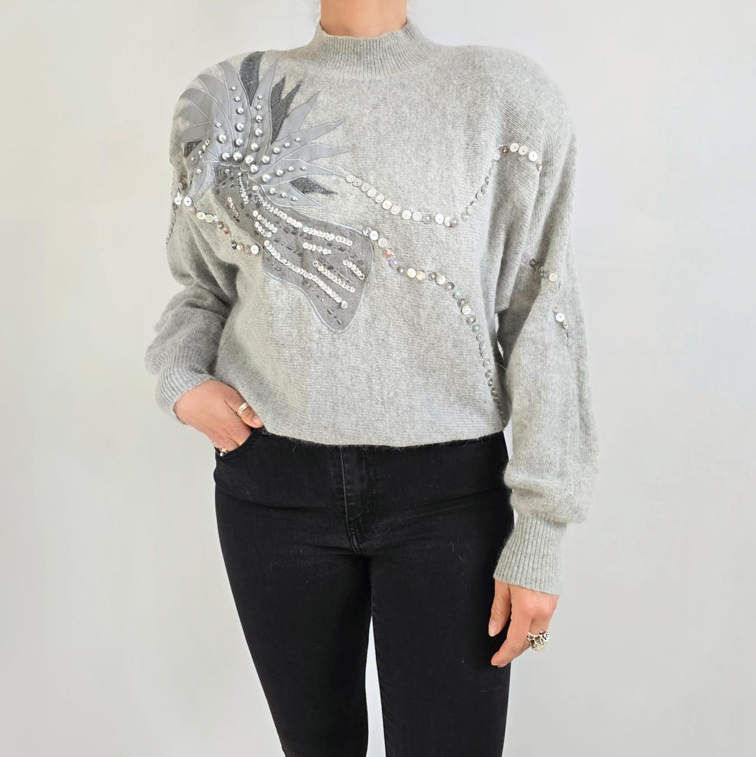 80’s Vintage Grey Angora Wool Jumper W Silver Sequin & Leather Applique ...
