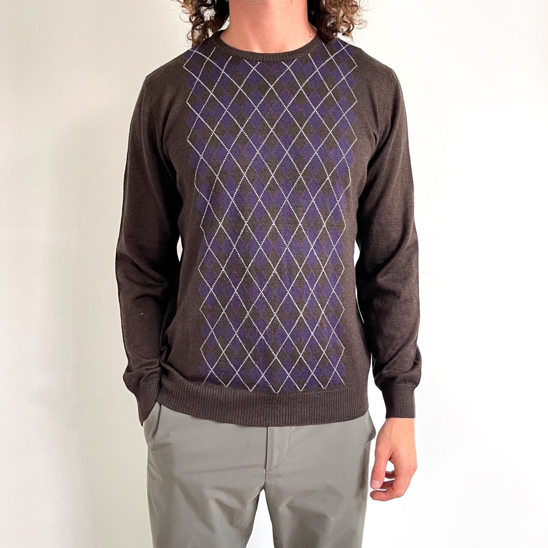 Vintage Men’s Diamond Check Wool Jumper | Brown & Purple Lightweight ...