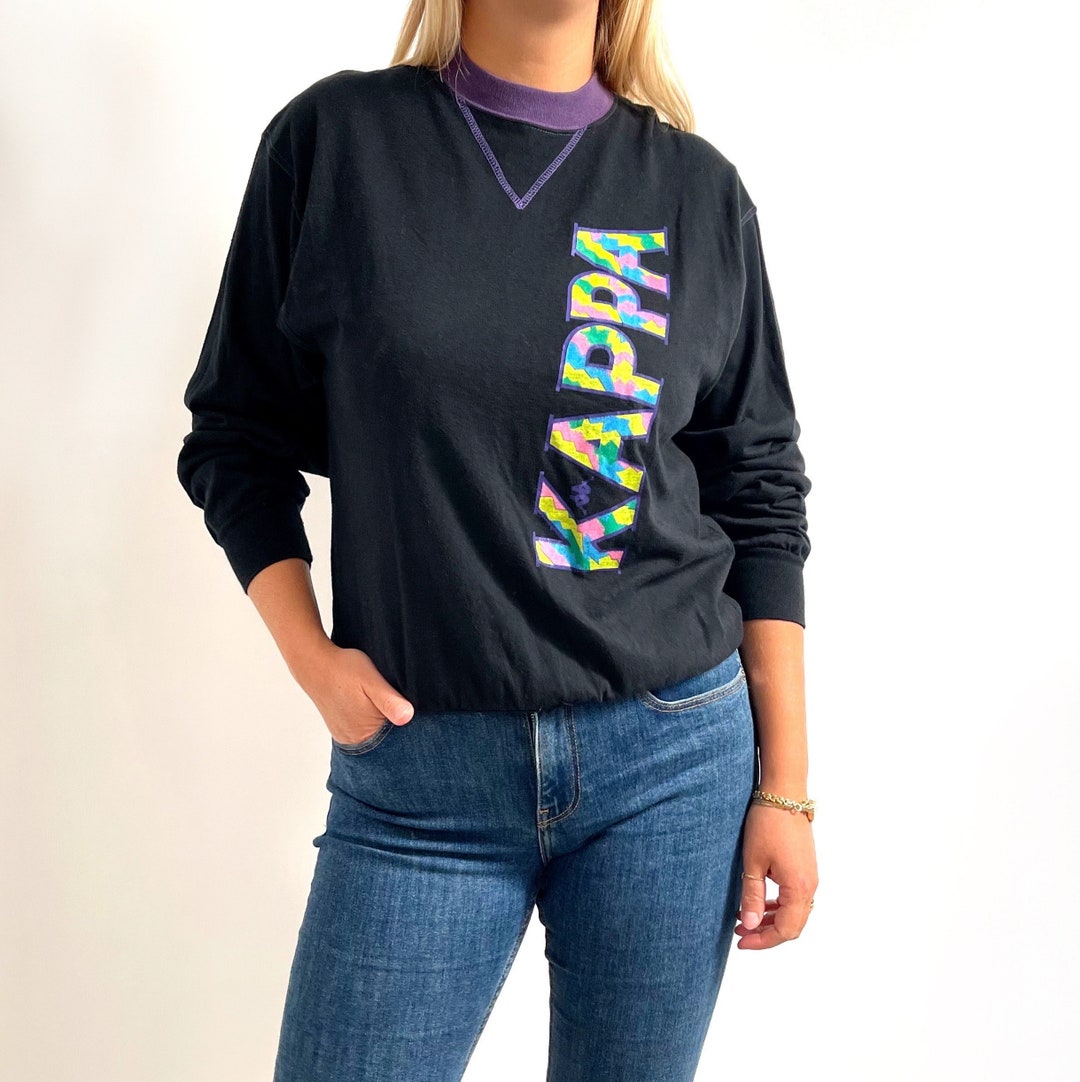 80's Vintage KAPPA Jumper | Black, Purple & Neon Logo Print Pullover ...
