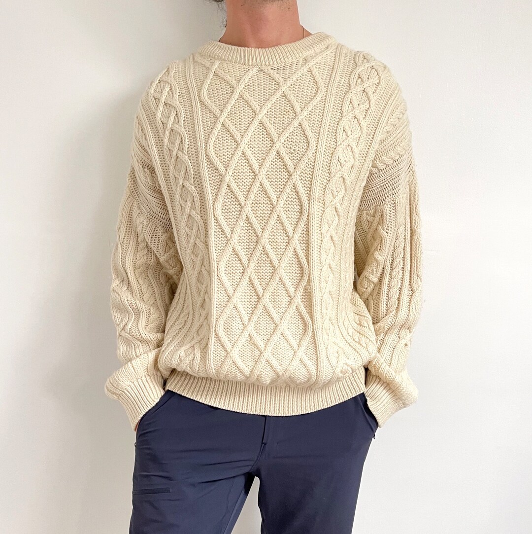 Vintage Men’s Natural Cream Wool Jumper | Cable Aran Knit Pure Wool ...