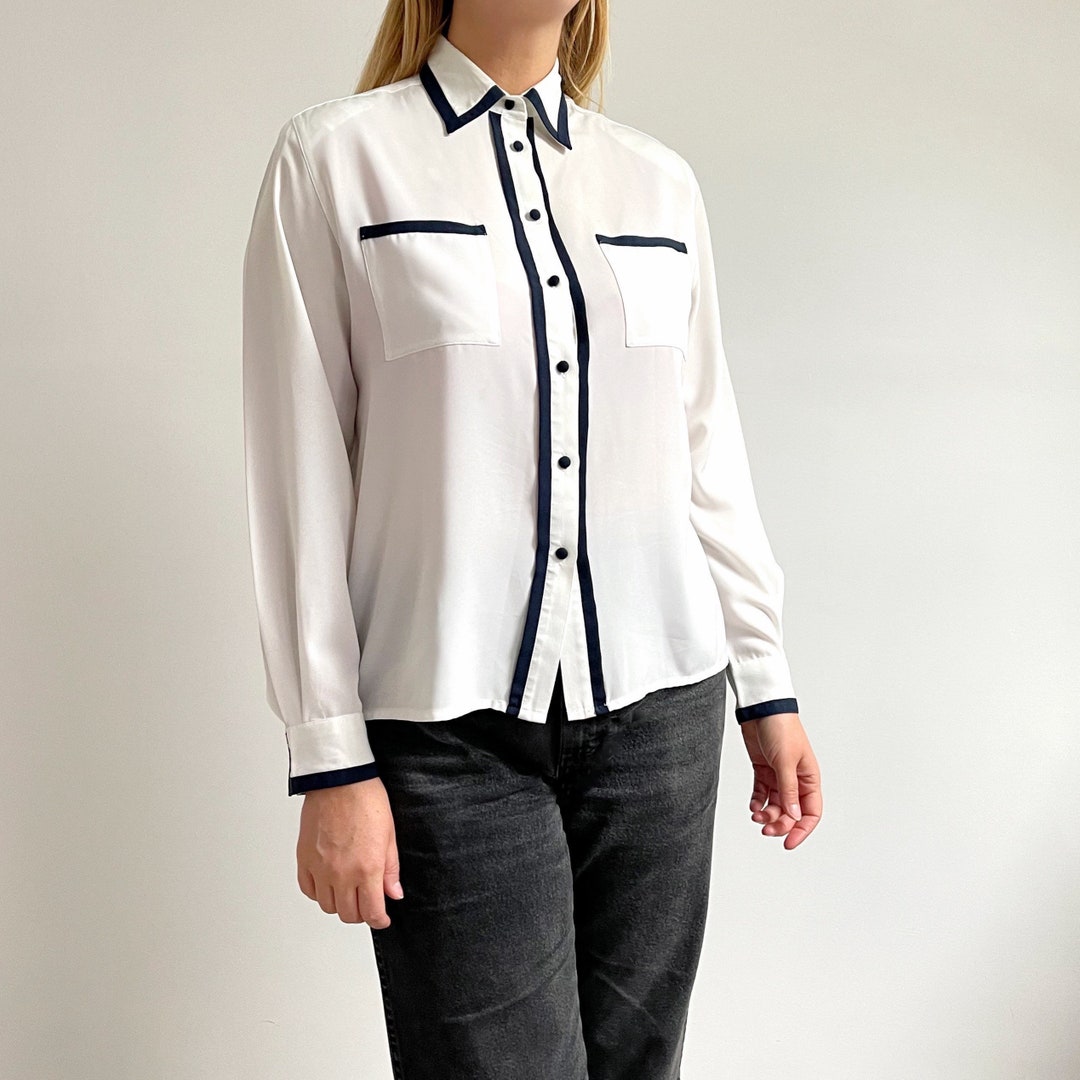 Vintage White & Navy Smart Blouse Ladies Long Sleeve Shirt Medium - Etsy