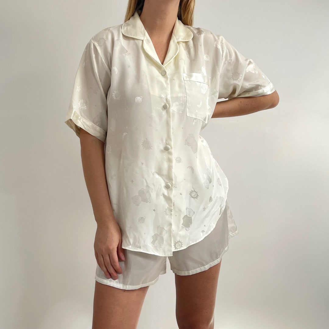 80’s Vintage Celestial Teddy Bear Pyjamas // Shorts & Shirt Cream Satin ...