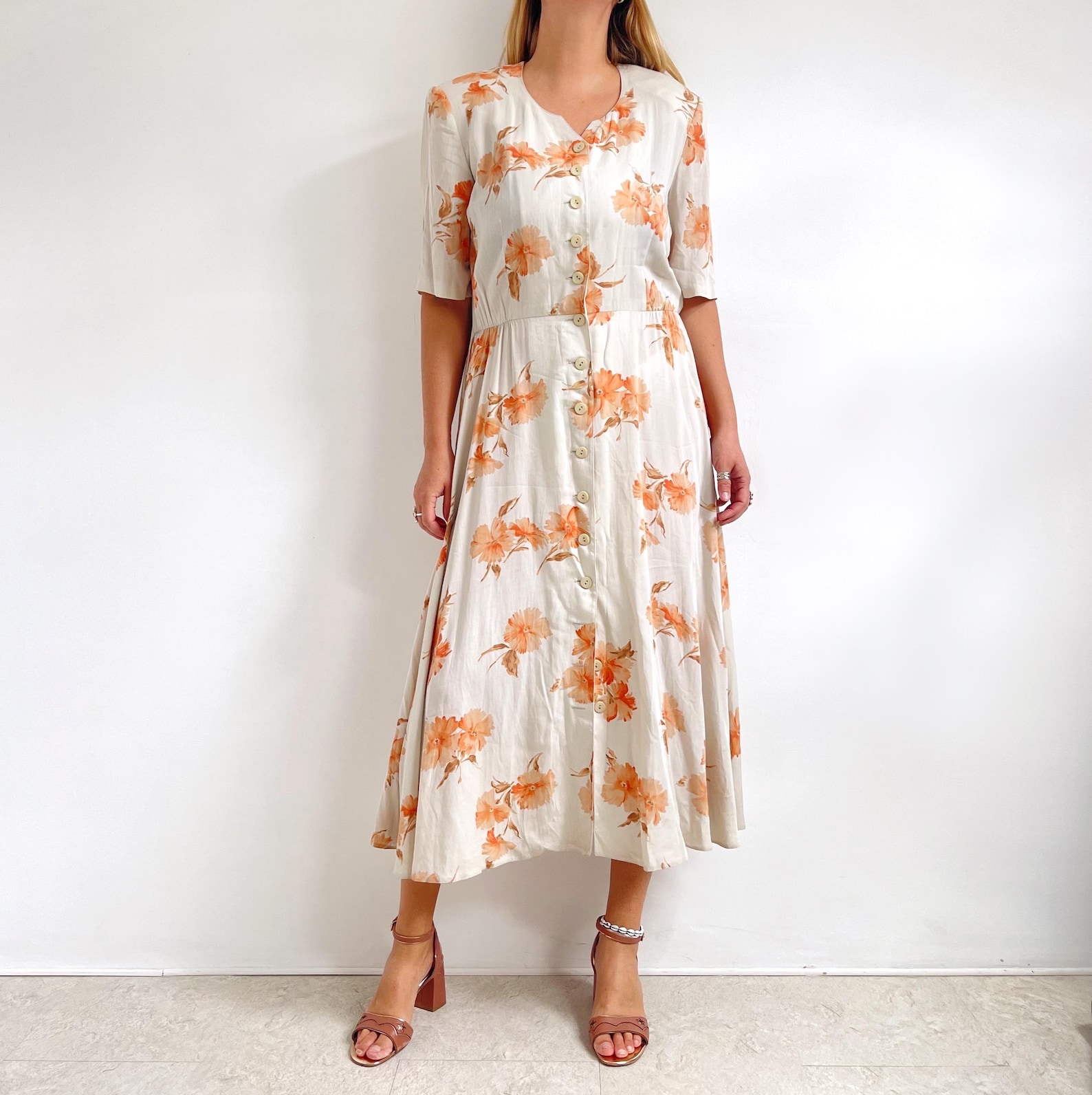 Vintage Long Neutral Floral Dress in Beige & Orange by Fink Modell ...