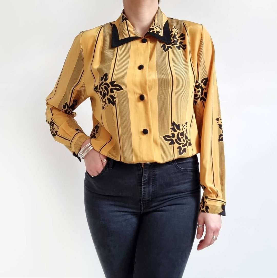 80’s Vintage JACQUES VERT Deep Yellow & Black Floral Blouse With Fancy ...