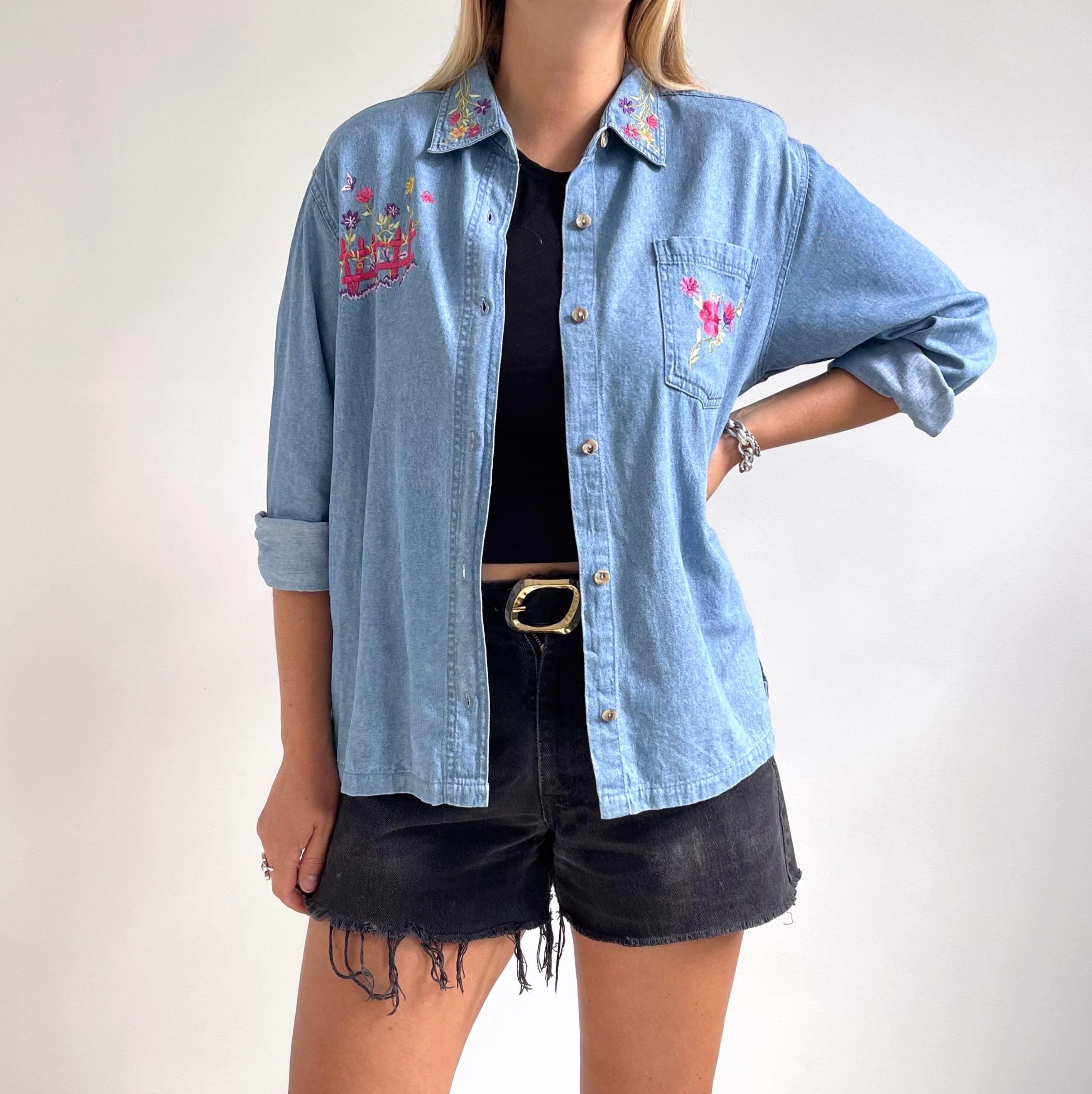 Vintage Floral Embroidered Denim Shirt | Ladies Blue Jeans Vintage Floral Embroidered Denim Shirt | Ladies Blue Jeans