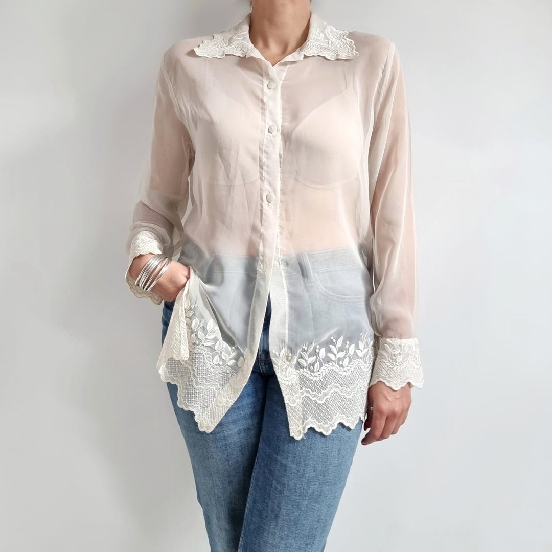 80's Vintage NEW Embroidered Cream Sheer Blouse | Long Sleeve Fancy ...