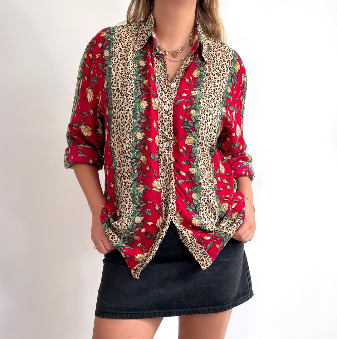 Vintage Red Rose & Leopard Print Ladies Shirt | Long Sleeve Statement ...