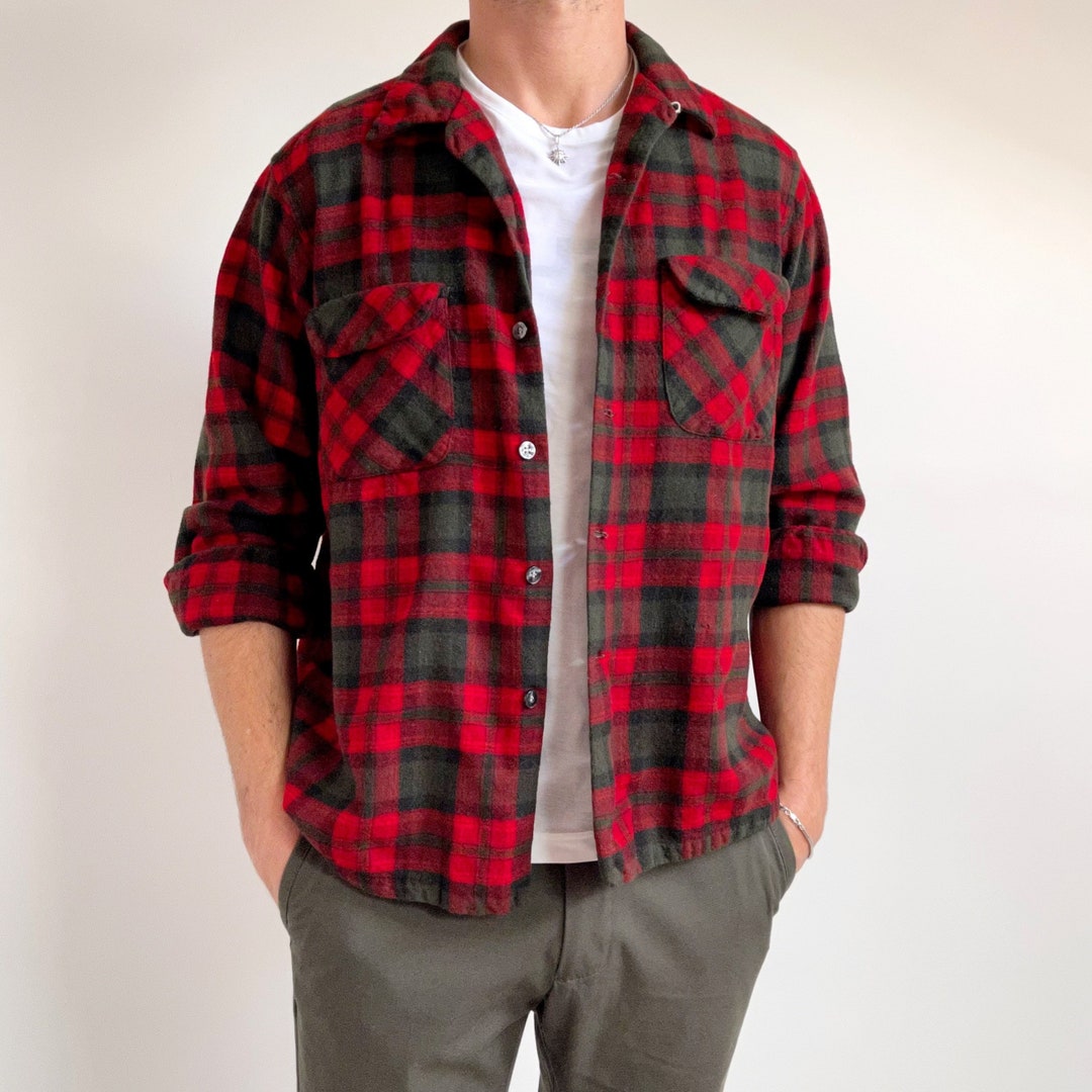 Vintage Men’s Wool Flannel Shirt // Red & Khaki Tartan Checked Shirt ...