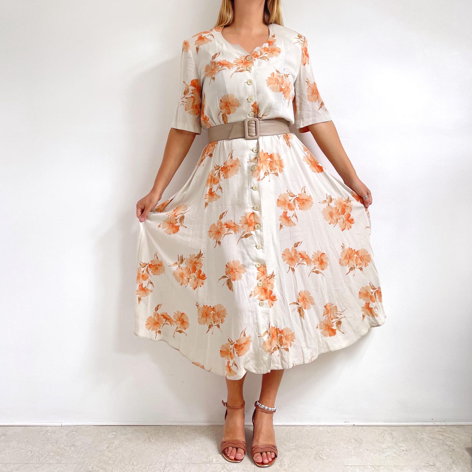 Vintage Long Neutral Floral Dress in Beige & Orange by Fink Modell ...