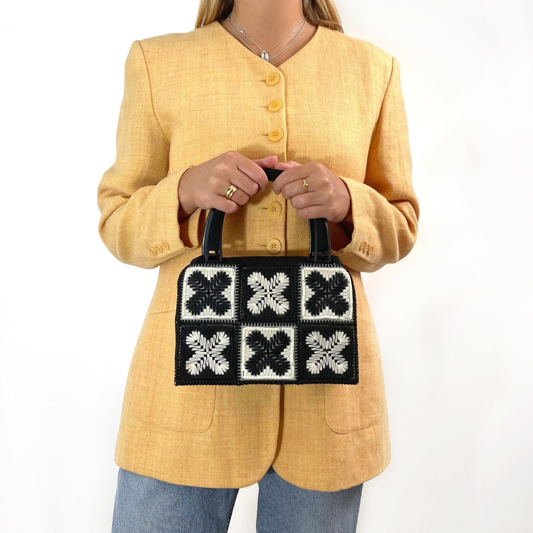 Vintage Black & White Geometric Handbag | Embroidered Plastic Lace ...