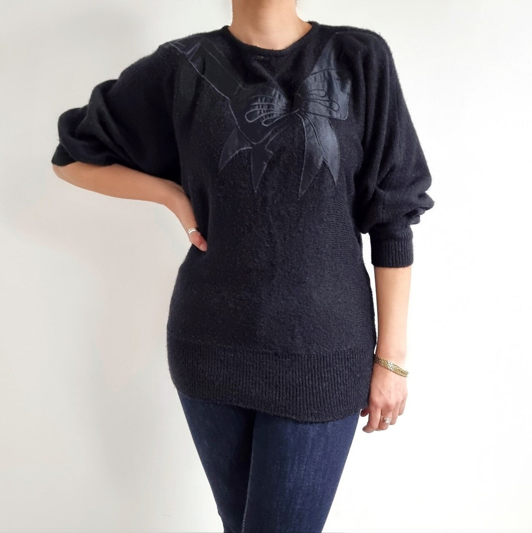 80's Vintage Satin Bow Embellished Black Jumper | Long Fluffy Fancy ...