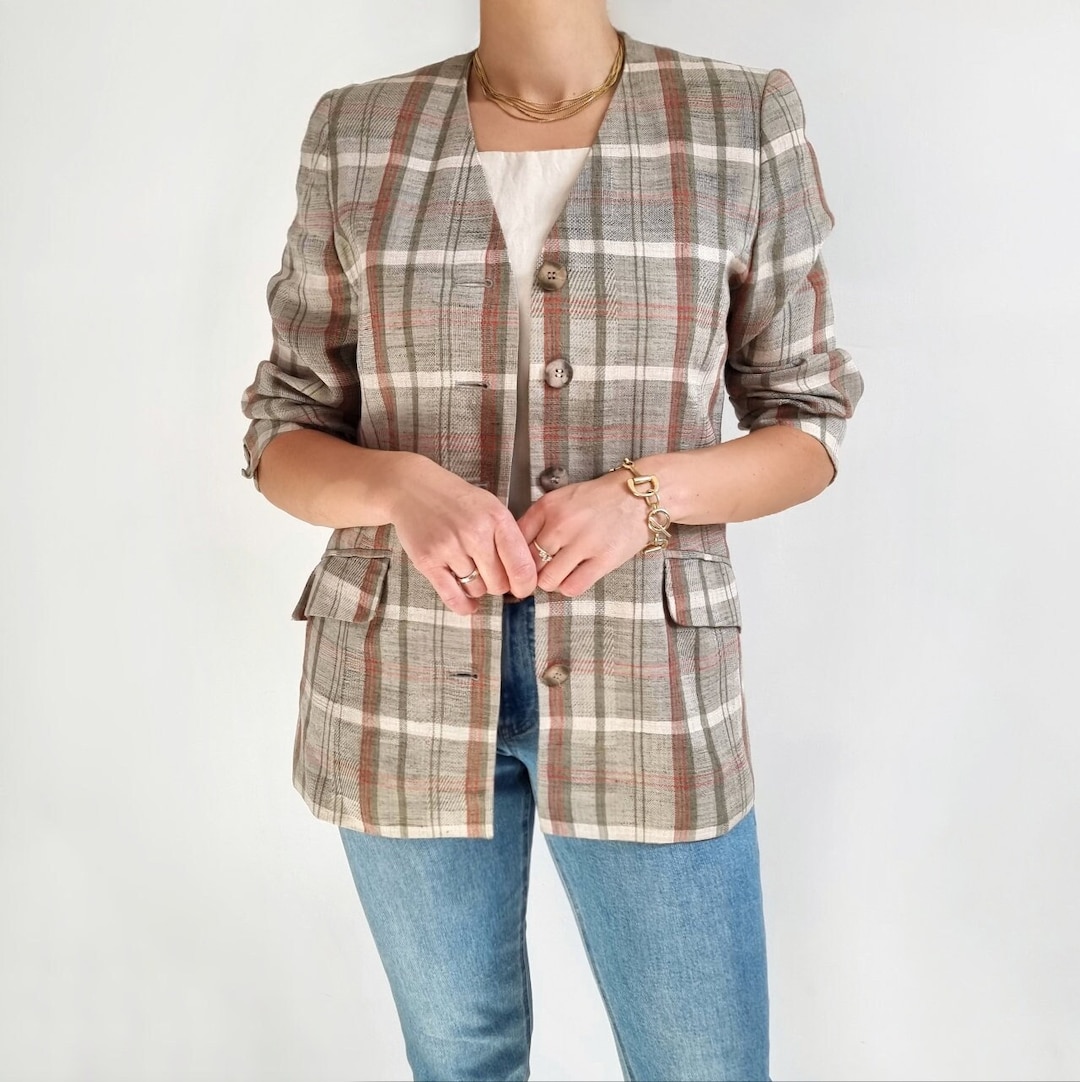 Vintage Beige & Orange Check Boucle Blazer | Neutral Linen Mix Plaid ...