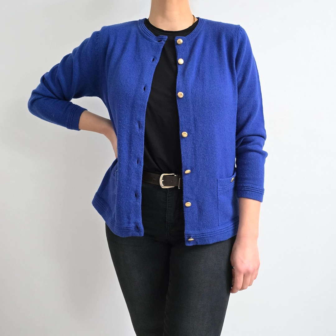Vintage Royal Blue Wool Mix Cardigan | Cable Knit Button up Jumper With ...