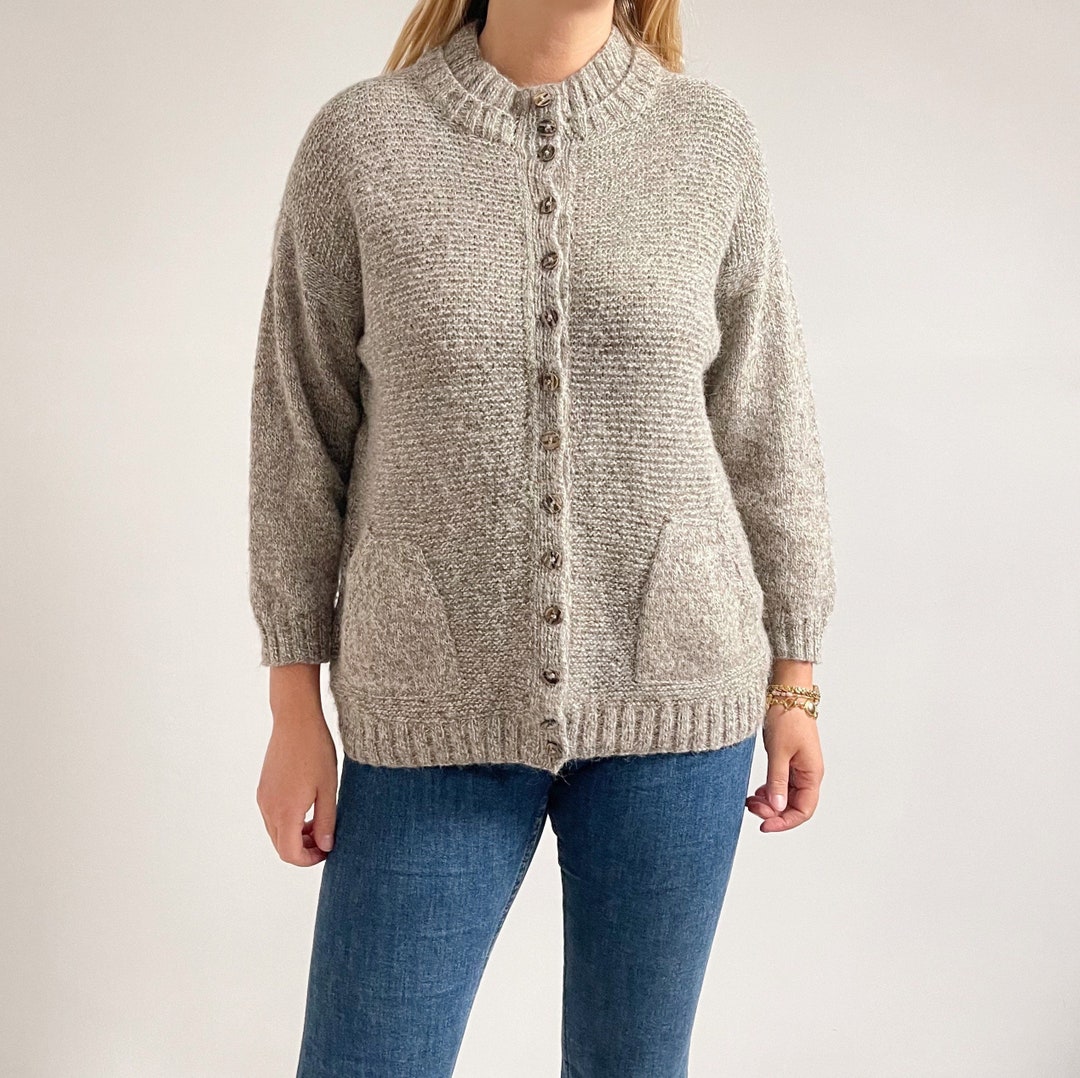 Handmade Vintage Greige Wool Cardigan | Grey Beige Button up Jumper W ...