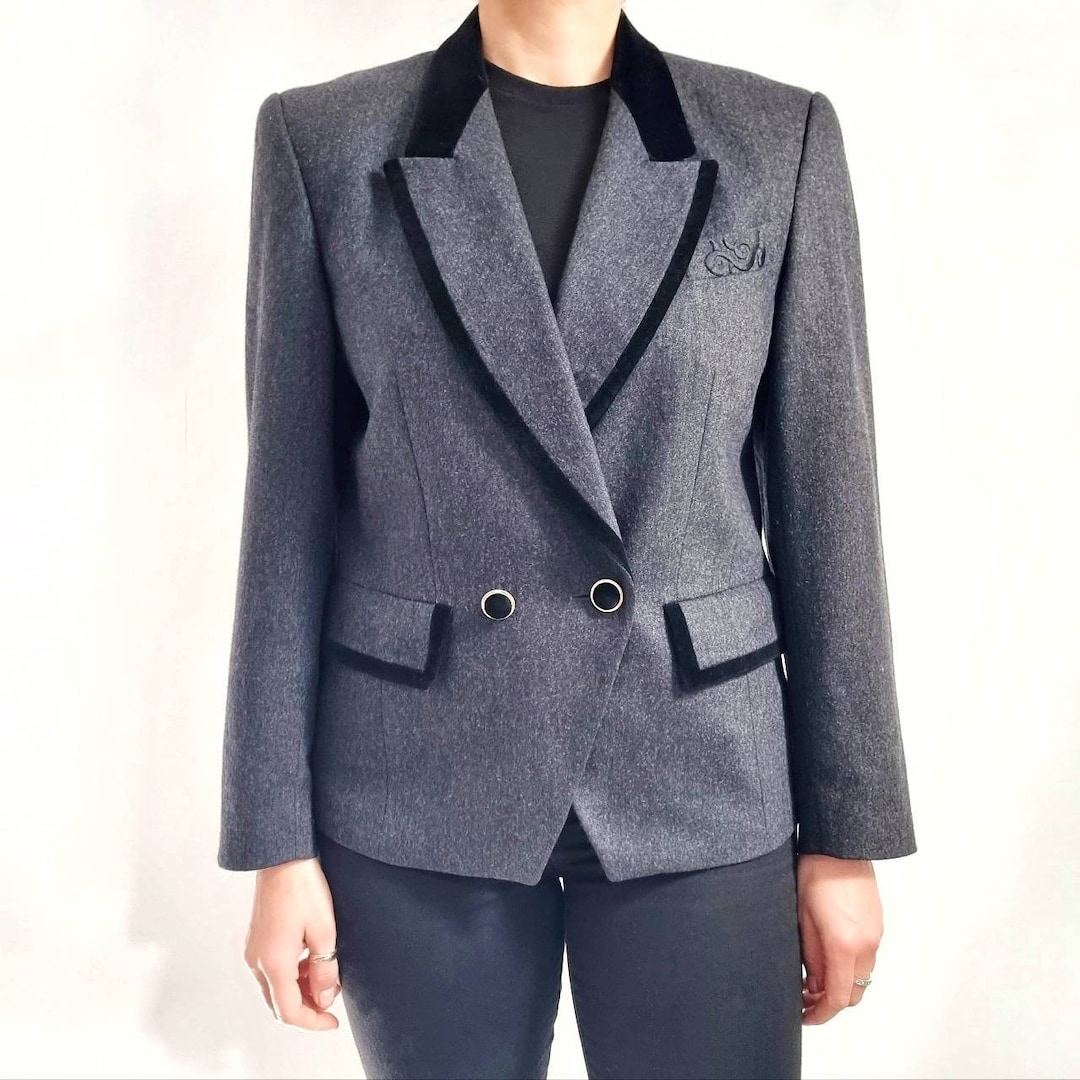 Vintage BASLER Grey Ladies Blazer With Black Velvet Trim // Pure Wool ...