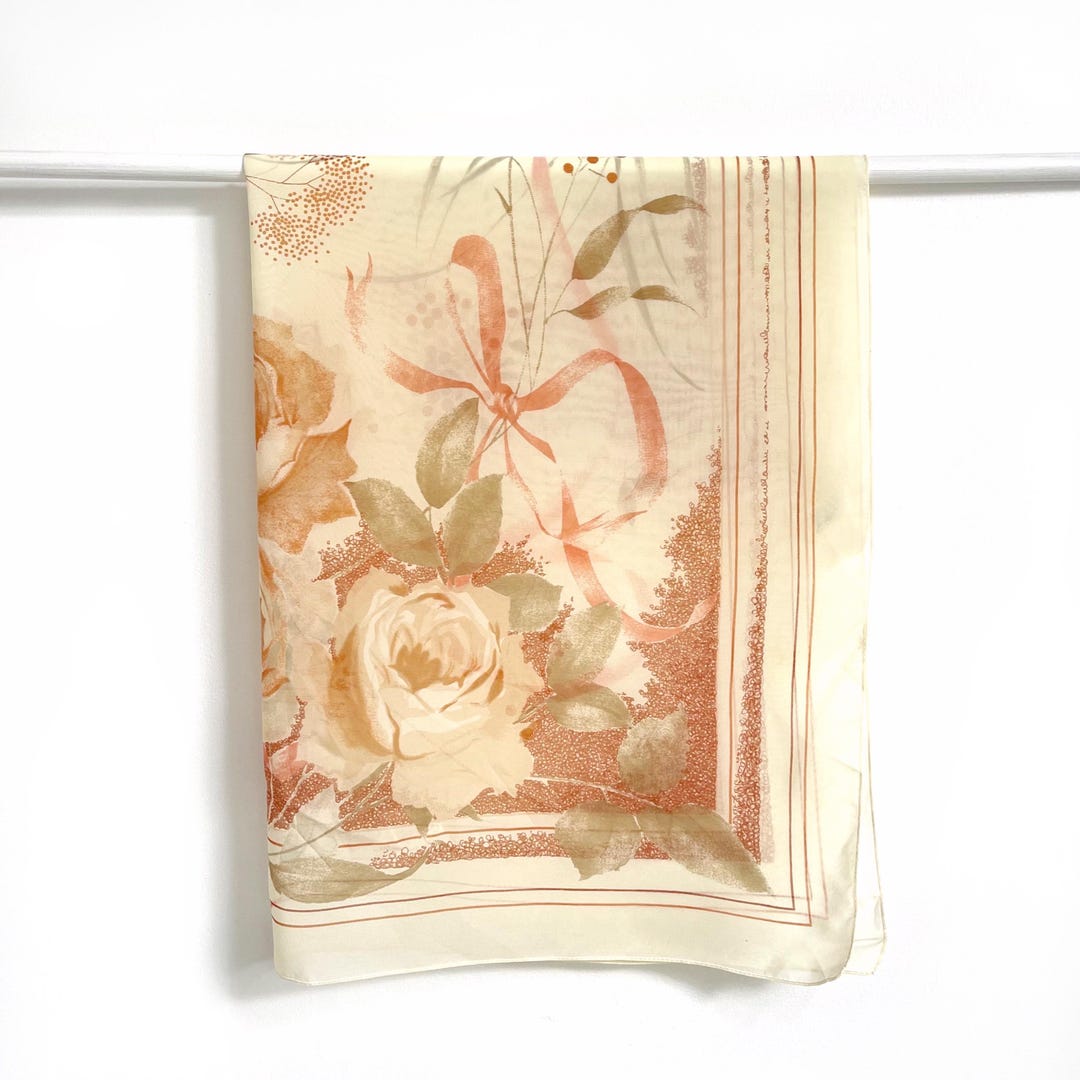 60s Vintage Rose Print Sheer Scarf in Neutral Cream, Brown & Orange ...