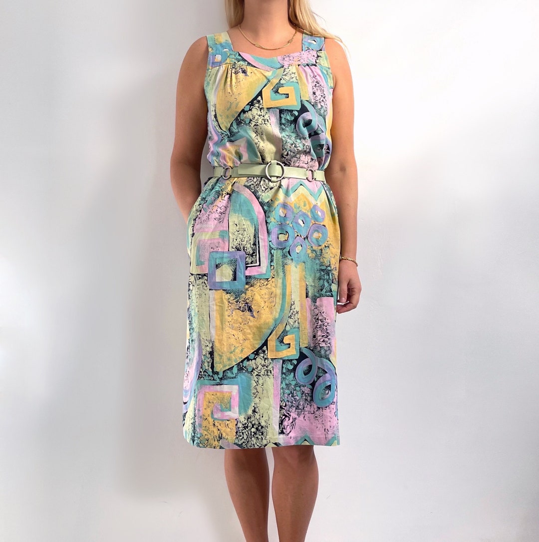 Vintage Pastel Art Print Midi Sun Dress | Sleeveless Strap Cotton ...
