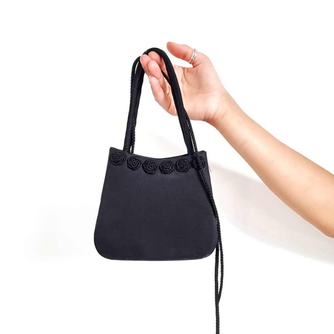 Vintage Black Micro Bag With Satin Roses // 90s Mini Shoulder Evening ...
