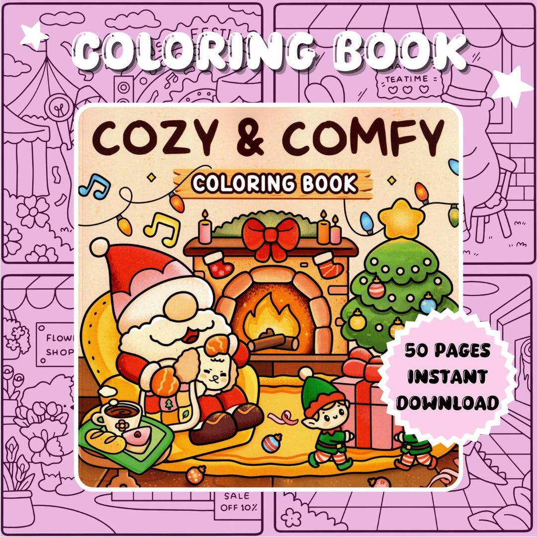 Santa Cozy & Comy Coloring Book, Cute and Cozy Digital Coloring Pages ...