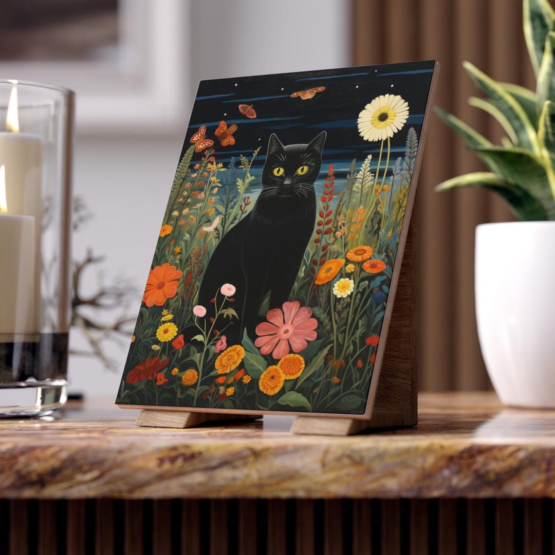 Whimsical Floral Black Cat Ceramic Tile, Handmade Home Decor, Cat Lover ...