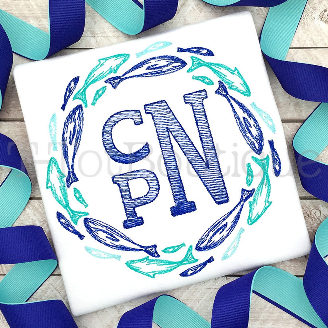 Fish Monogram Frame for Boy or Girl Embroidered Shirt Bodysuit Circle ...