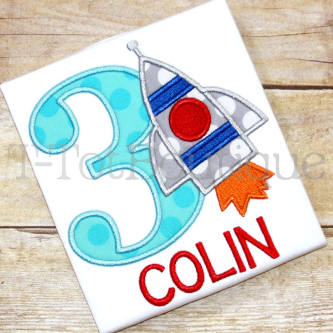 Rocket Space Ship Birthday Number Embroidered Shirt or Bodysuit Outer ...